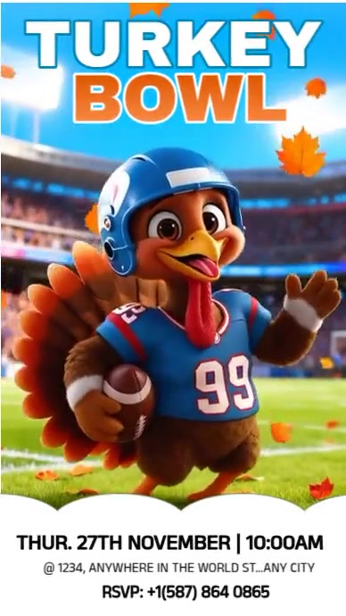 Plantilla de 3d Turkey Bowl 2025 Flyer - Funny Thanksgiving Football ...