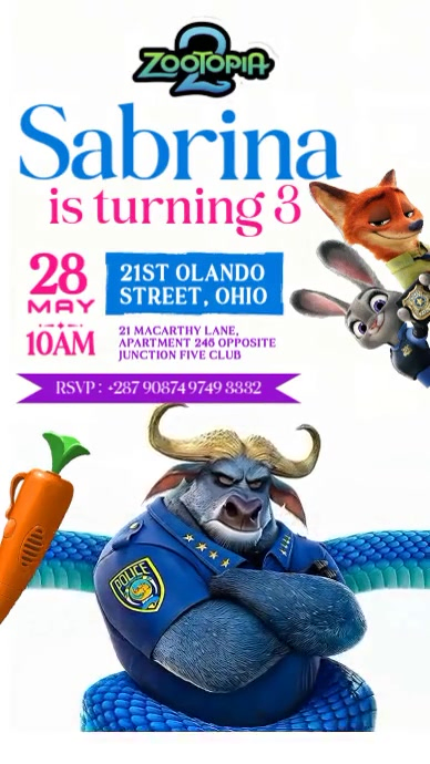 3D White Joyful Zootopia Kid's Birthday Video Flyer A4 Template ...