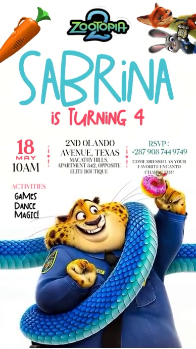 3D White Maximalist Zootopia 2 Kid's Birthday Video Flyer A4 Template ...