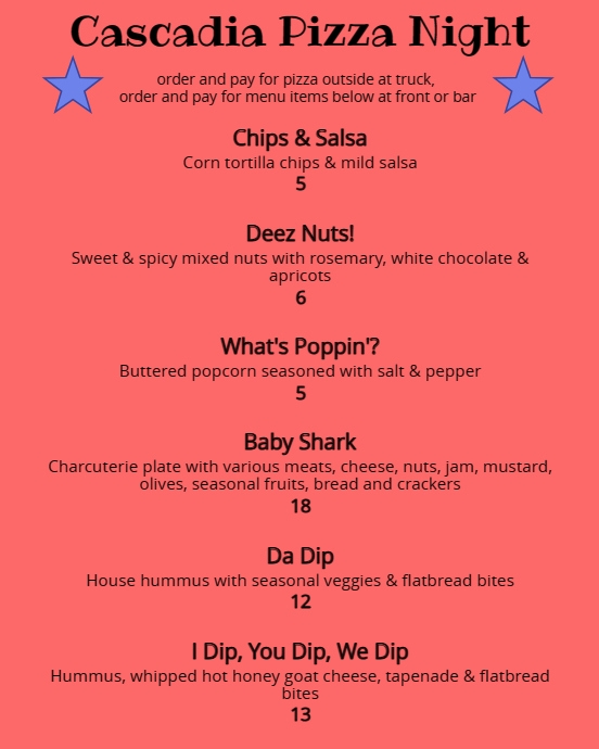 Cascadia Pizza Night menu | PosterMyWall