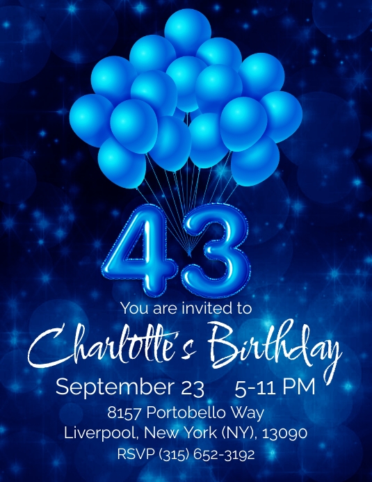 43rd birthday party invitation blue balloon Template | PosterMyWall