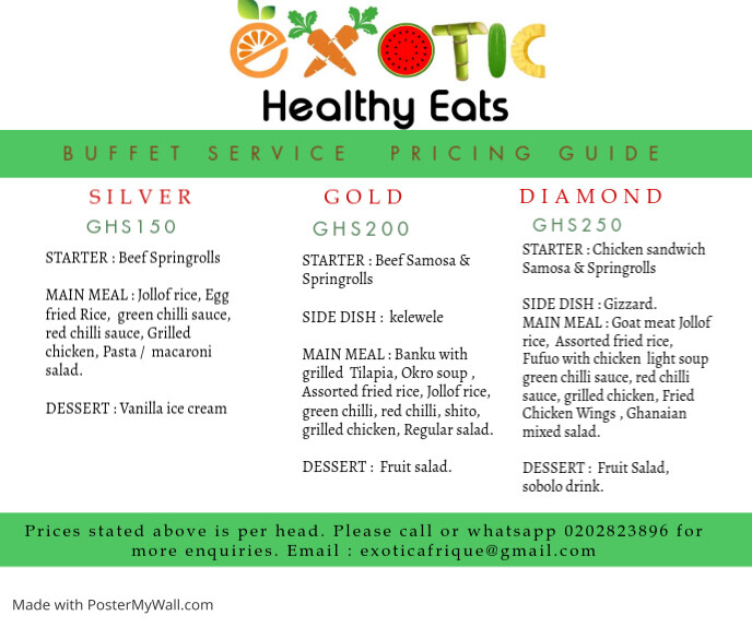 EXOTIC HEALTHY EATS BUFFET SERVICE PRICE LIST | PosterMyWall