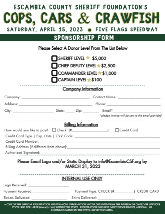 Cops, Cars & Crawfish Sponsorship Sign Up Form | PosterMyWall