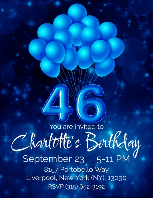 46th birthday party invitation blue balloon Template | PosterMyWall