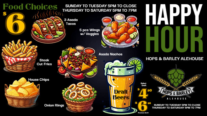 Happy Hour Menu for Hops for Slideshow focusing on Food Items ...