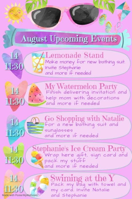 Girl's August Cute Upcoming Events Calendar | PosterMyWall