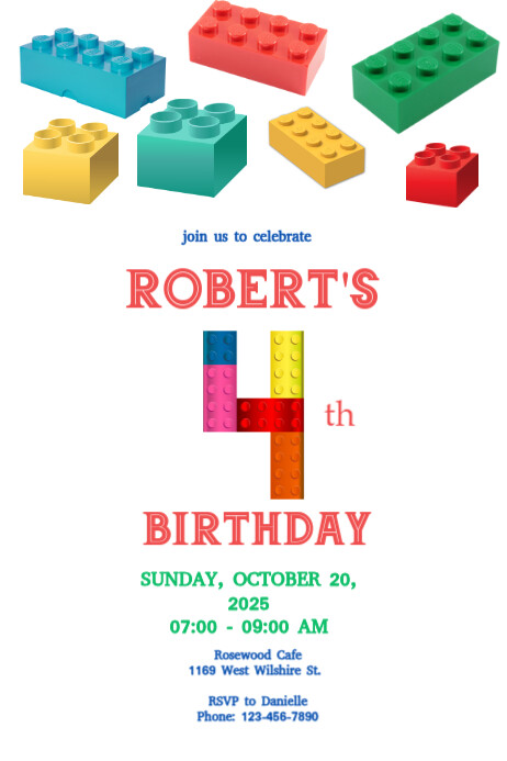 4th Building Blocks Birthday Invitation 4' × 6' Template | PosterMyWall