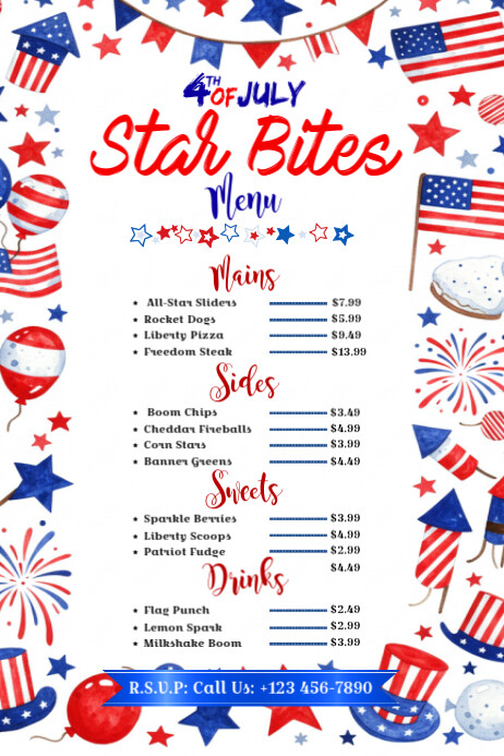 4th Of July Star Bites Food Menu Template | PosterMyWall