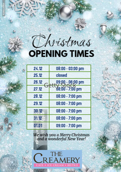 Christmas Opening Times Snow Flakes Din Shop | PosterMyWall