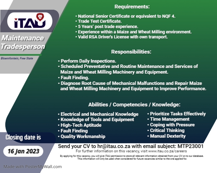 Maintenance Tradesperson - MTP | PosterMyWall