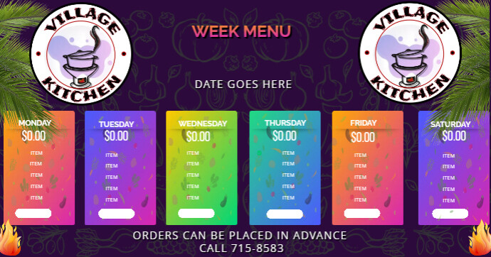 Copy of VILLAGE KITCHEN WEEK MENU | PosterMyWall