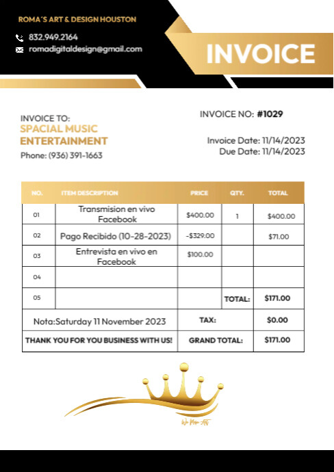 SPACIAL MUSIC ENTERTAINMENT INVOICE 11.14.2023 | PosterMyWall