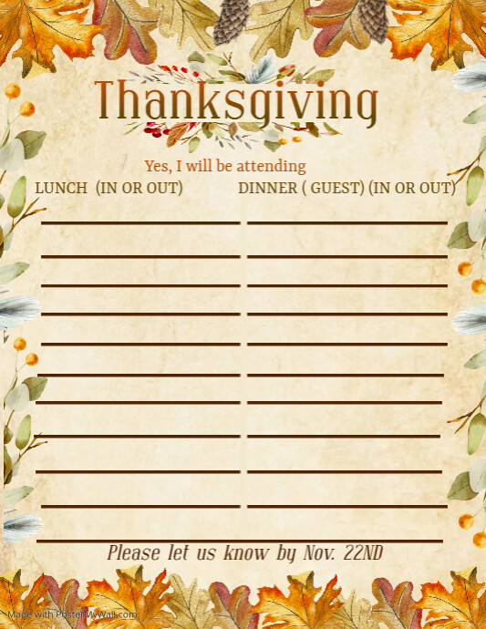 Thanksgiving Guest List Sign up List | PosterMyWall