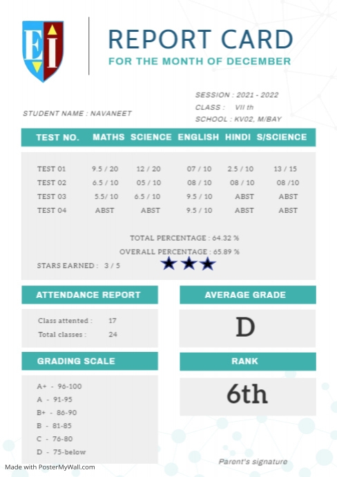Copy of Copy of White and Aqua School Report Card | PosterMyWall