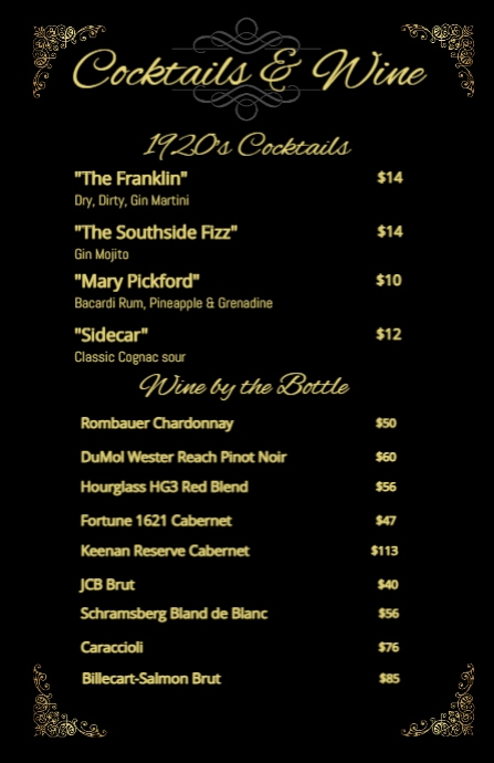 NYE Cocktail/Wine Menu | PosterMyWall