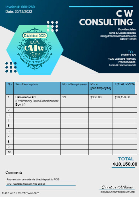 FORTIS TCI Invoice Deliverable #3 CW Consulting Phase 1 | PosterMyWall