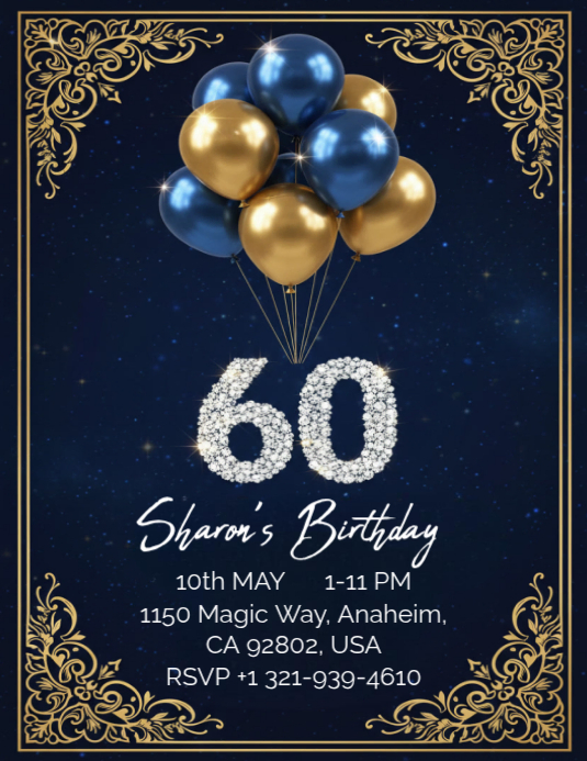 60th birthday invitation golden balloons and borders Template ...
