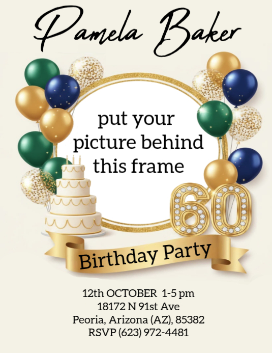 60th birthday party invitation with photo, balloon and cake Template ...