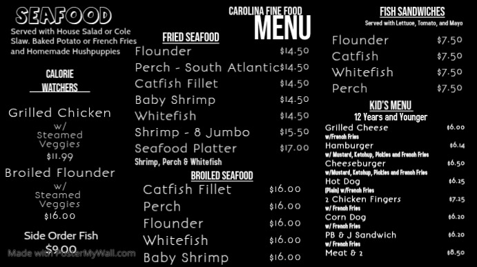 Orig. Menu: Seafood, kids | PosterMyWall