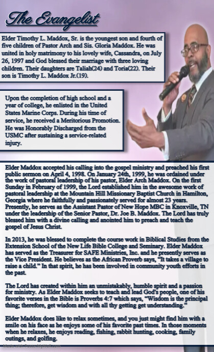 Elder Timothy Maddox bio | PosterMyWall