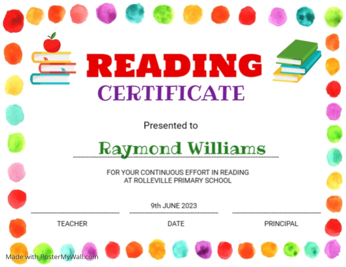 Editable Reading Certificate | PosterMyWall
