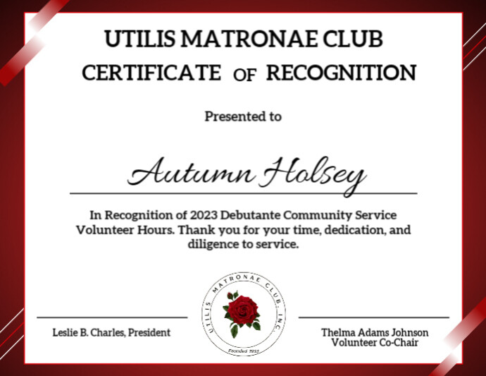 Copy of UTILIS MATRONAE CLUB Certificate of Recognition Autumn Holsey ...