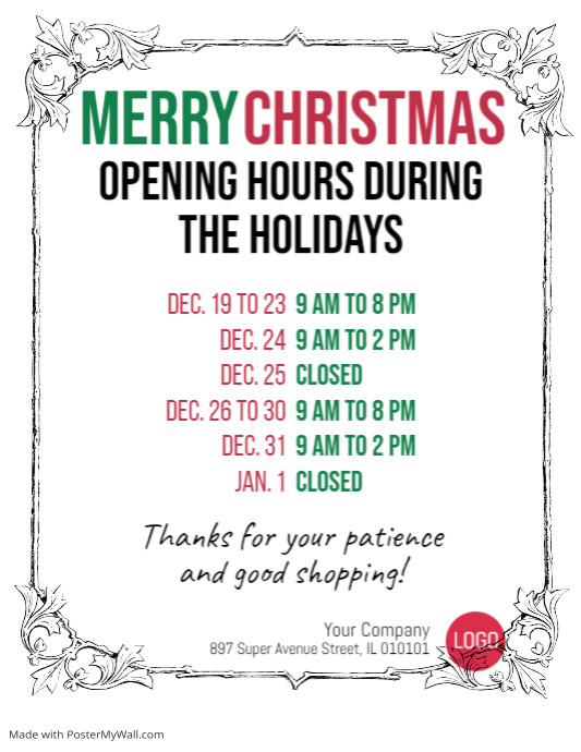 Merry Christmas opening hours sign | PosterMyWall