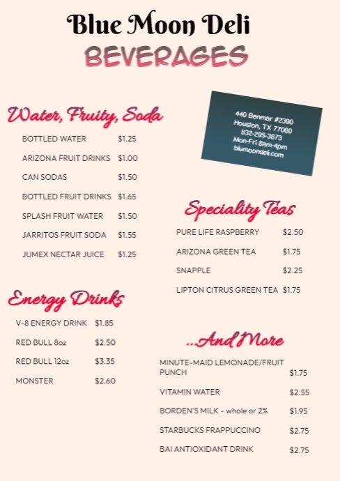 Blue Moon Deli Beverages | PosterMyWall