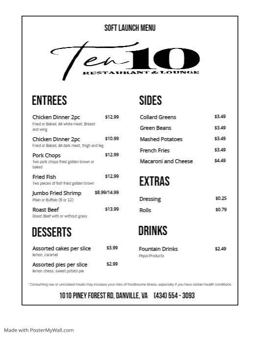 Ten10 Restaurant 2024 - Soft Launch Menu | PosterMyWall