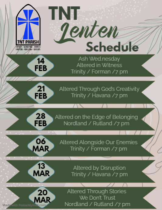 TNT Lenten Schedule 2024 Green | PosterMyWall