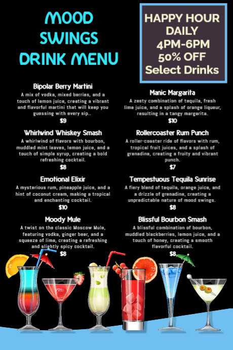 Cocktail Card Bar Drinks Poster Template | PosterMyWall
