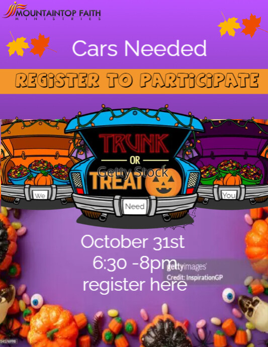 Halloween trunk or treat cars needed (1) | PosterMyWall