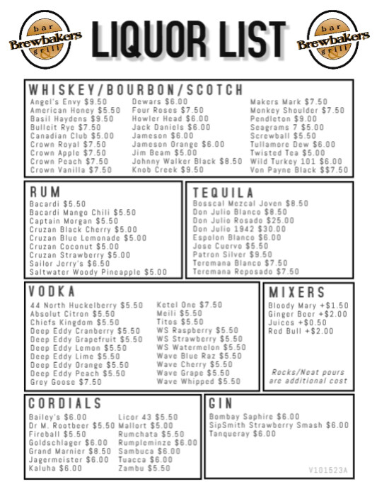 Brewbakers Liquor Menu V011422b | PosterMyWall