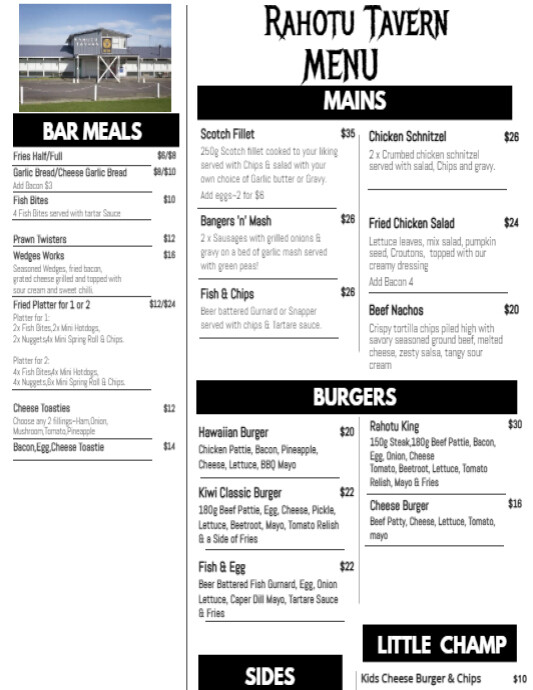 Rahotu tavern menu (1) | PosterMyWall