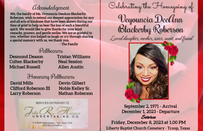 Red Rose Celebration of Life Program (4) | PosterMyWall