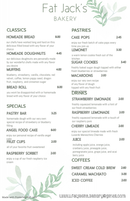FAT JACKS BAKERY MENU | PosterMyWall