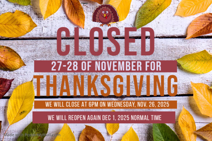 THANKSGIVING SHOP CLOSED NOTICE TEMPLATE | PosterMyWall