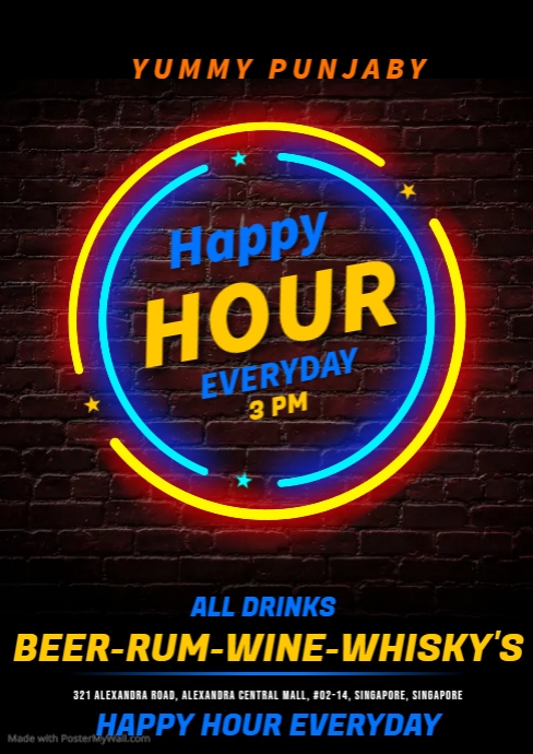 Blue and Yellow Neon Happy Hour Bar Design | PosterMyWall