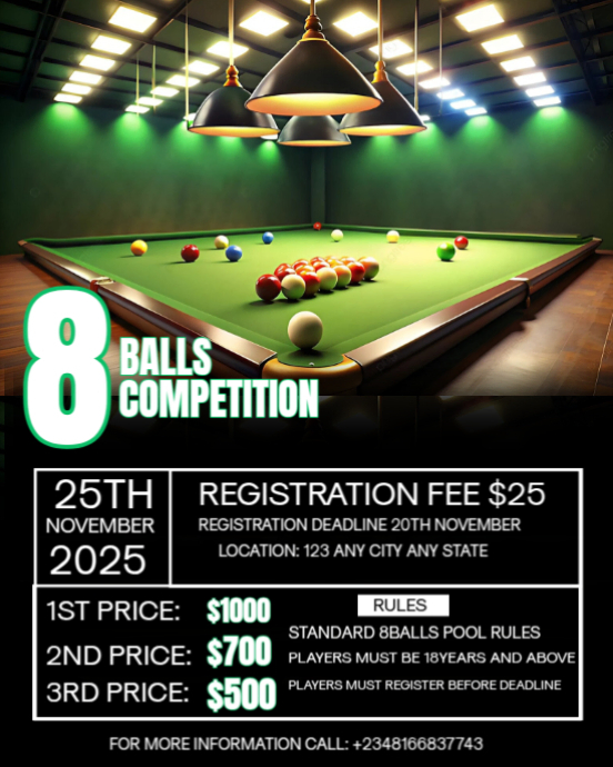 Plantilla de 8 Balls Pool Tournament Flyer | Billiards Competition ...
