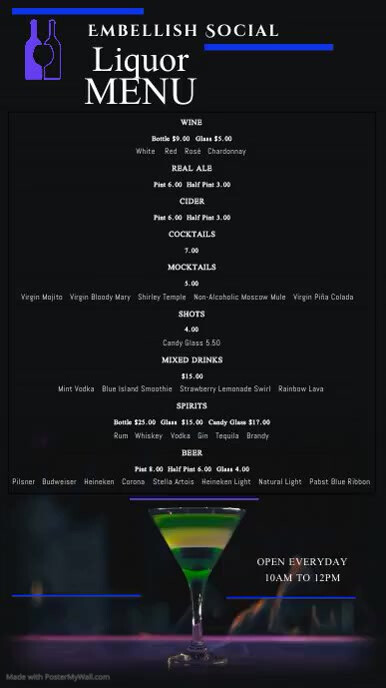 Drinks Menu Bar Pub Digital Template | PosterMyWall