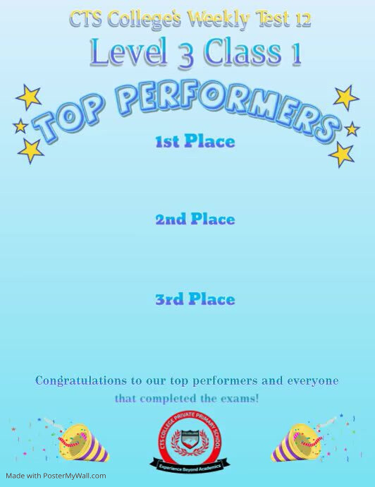 Weekly Test Top Performers: Level 3 Class 1 | PosterMyWall