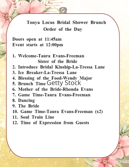 Tonya Locus Bridal Shower Brunch Itinerary(7.29.23) (1) | PosterMyWall