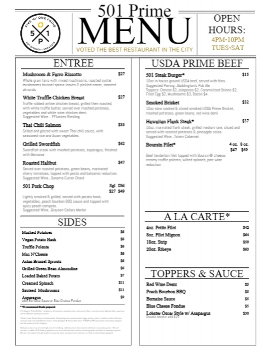 501 menu ENTREE side | PosterMyWall