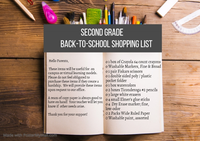 Second Grade Back To School Supply List | PosterMyWall