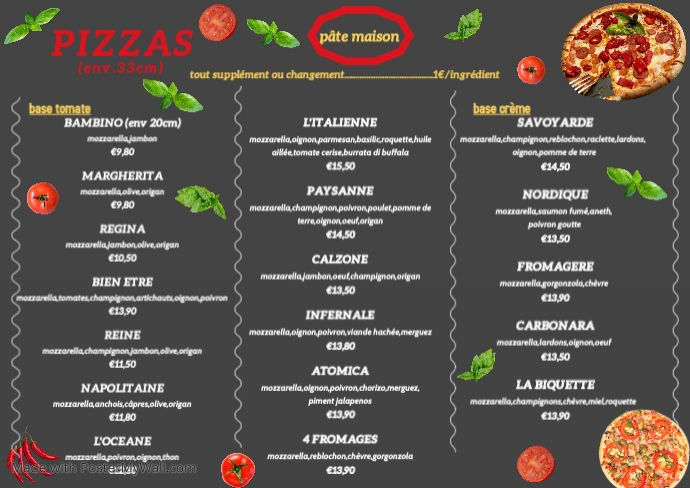 Carte Pizzas | PosterMyWall