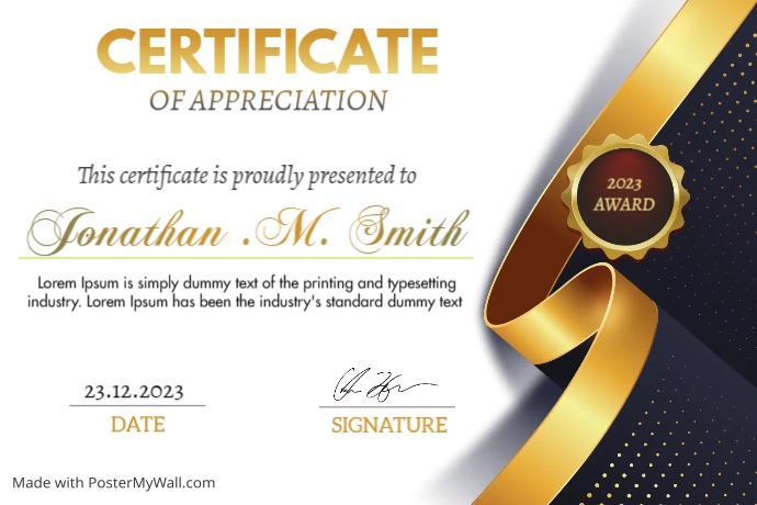 Golden theme certificate of appreciation temp | PosterMyWall