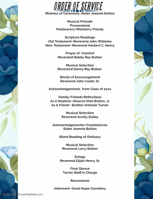 Blue floral order of service tamplate | PosterMyWall