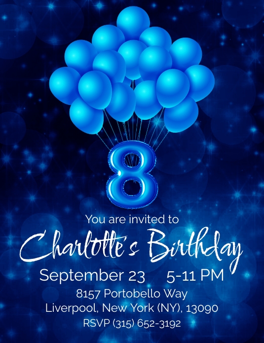 8th birthday party invitation blue balloon Template | PosterMyWall