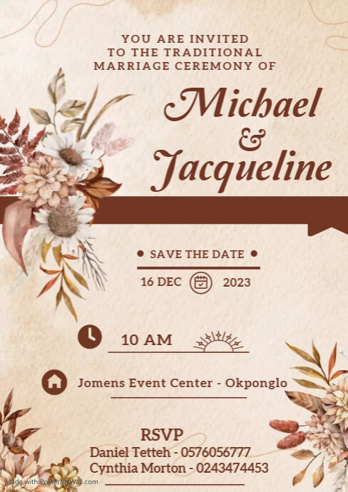Cream and Brown Floral Wedding Invitation | PosterMyWall