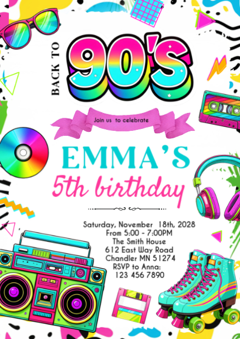 90s birthday theme invitation Template | PosterMyWall